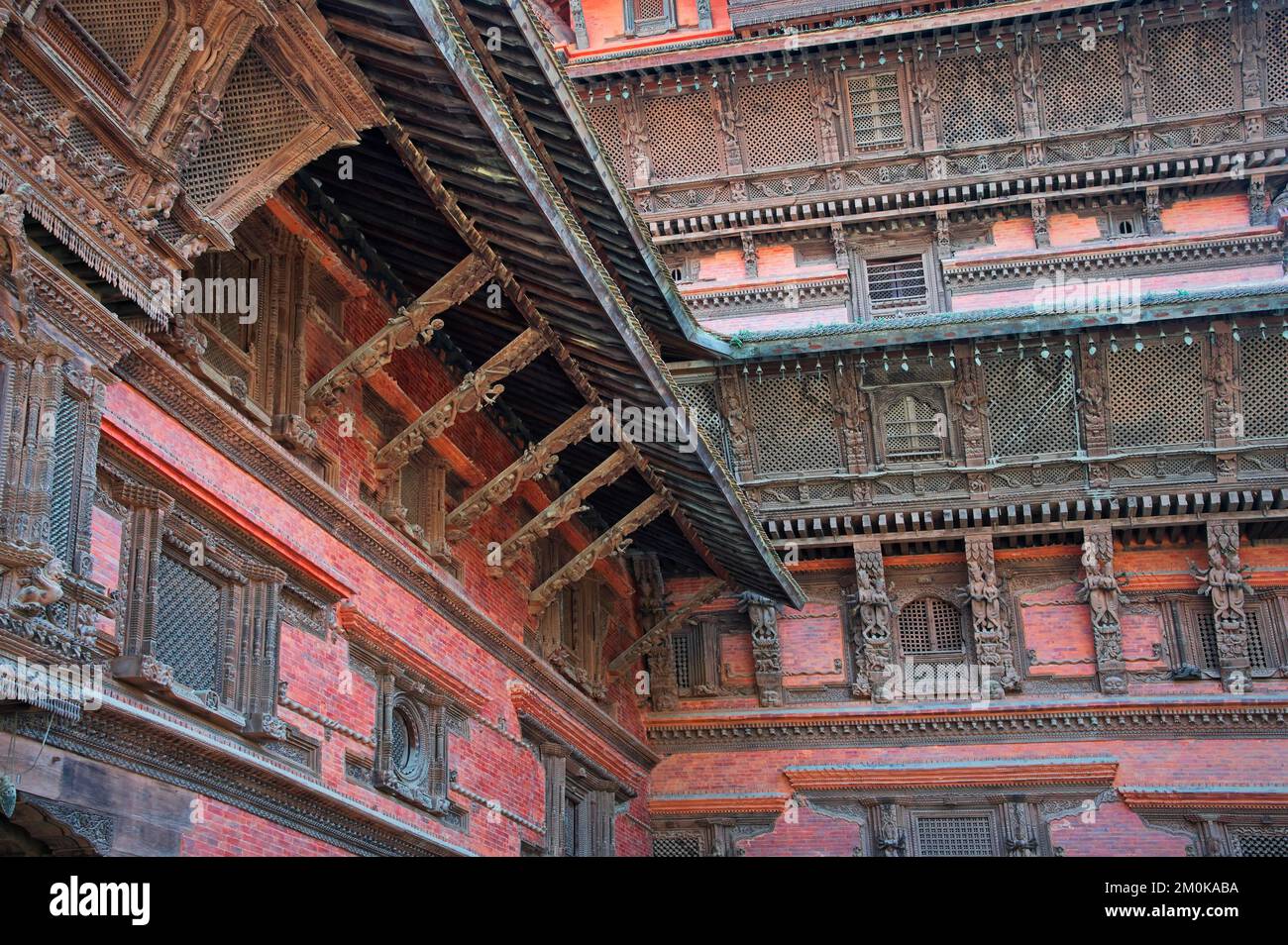 Detail of brick wall and roof of Buddhist shrine in Kathmandu, Nepal ...