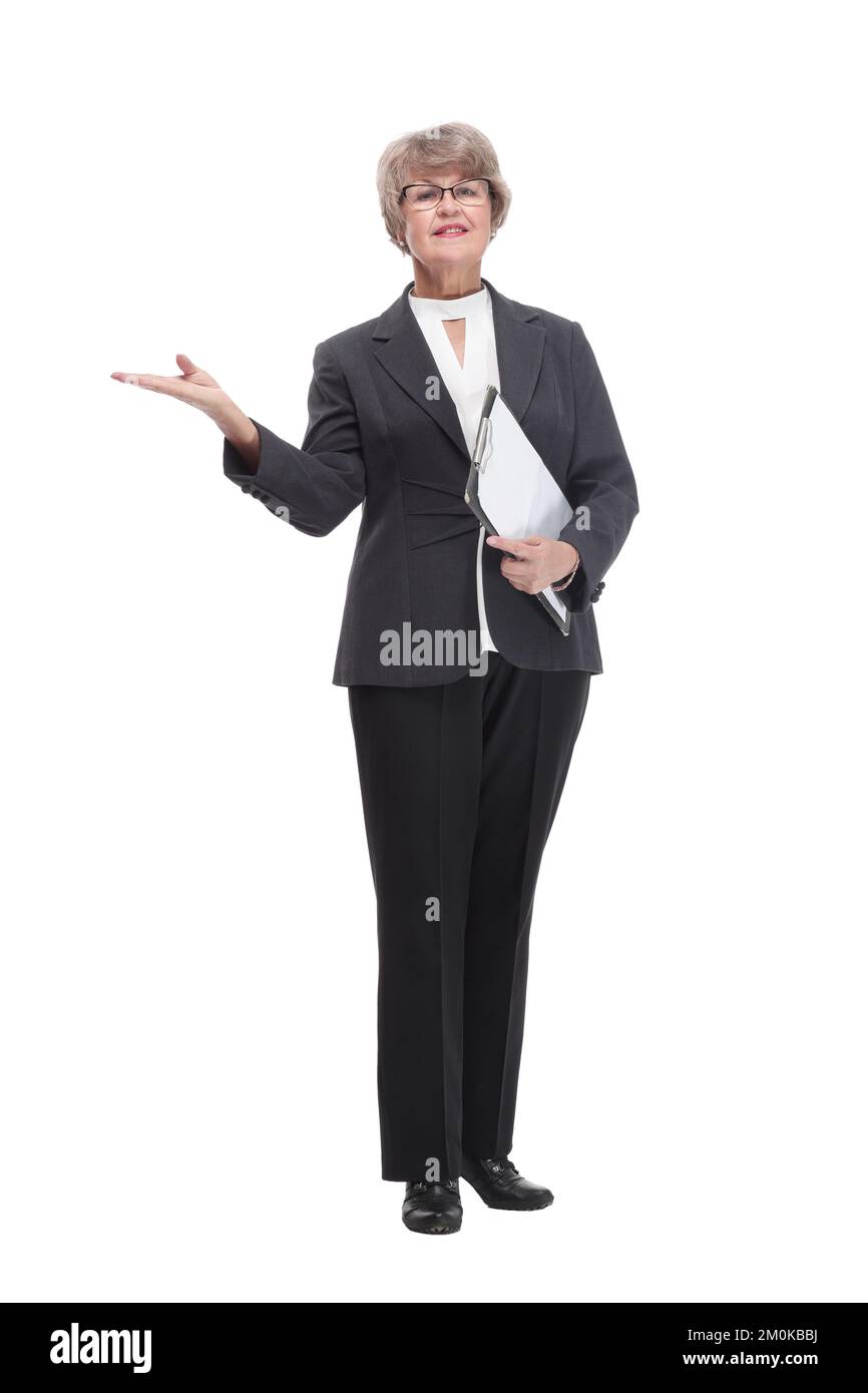 Front view of businesswoman with clipboard and finger point up Stock ...