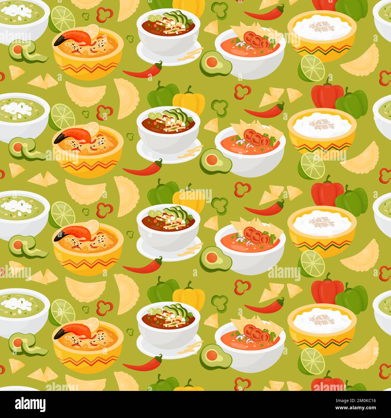 Seamless pattern with Mexican food. Tomato soup with tortilla chips ...
