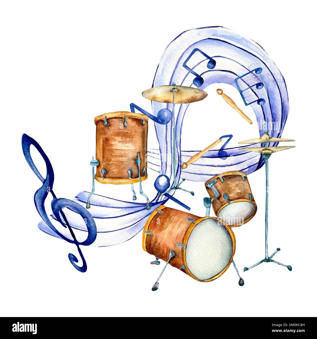 Musical notes and drum kit watercolor illustration on white. Percussion ...