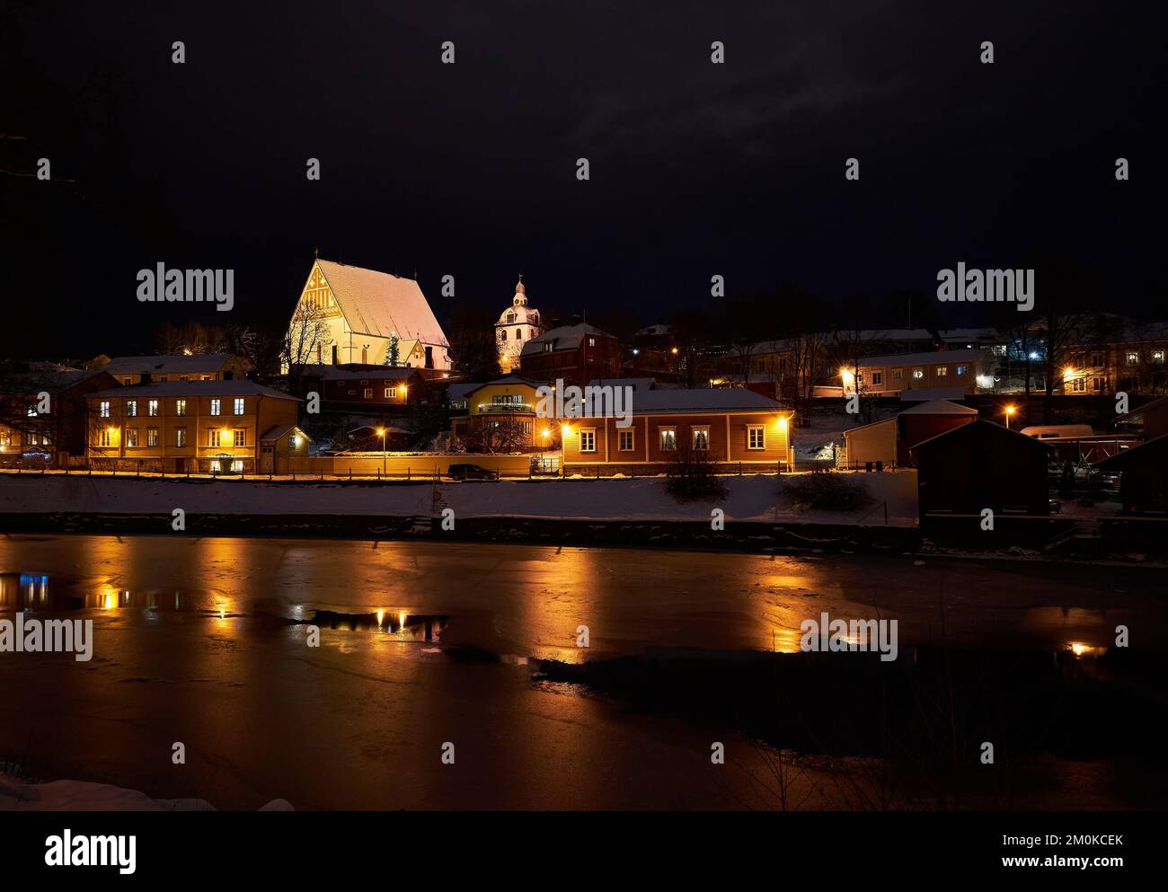 A night view of the medieval town of Porvoo in the Uusimaa region of ...