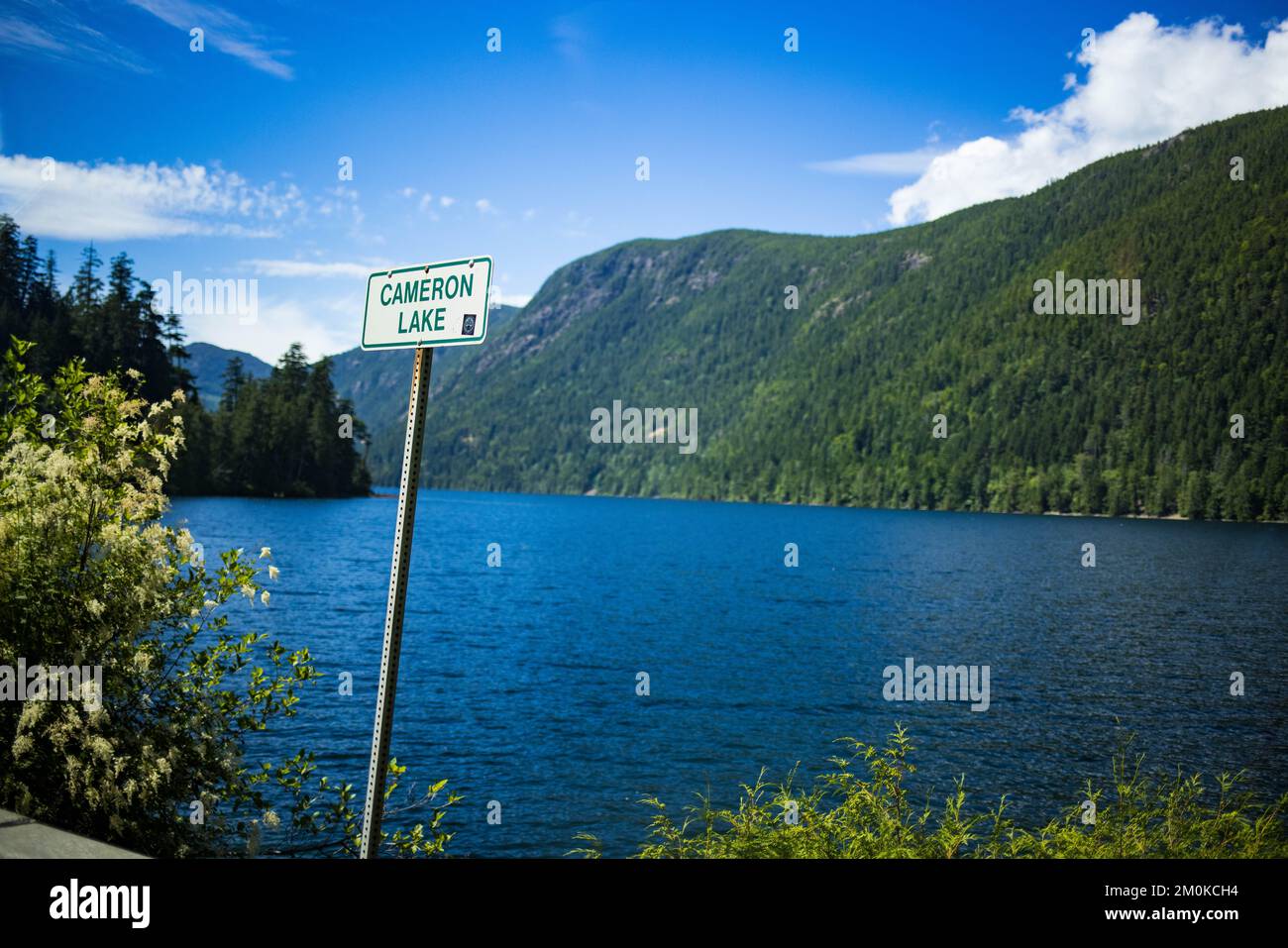 A beautiful scene of Cameron Lake with green mountains in Vancouver ...