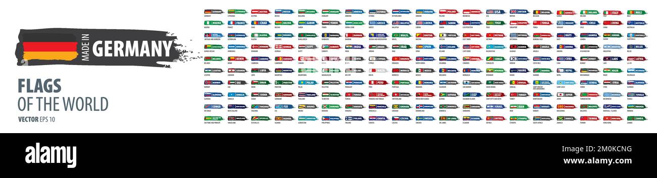 A set of vector icons with flags of countries and with the inscription ...