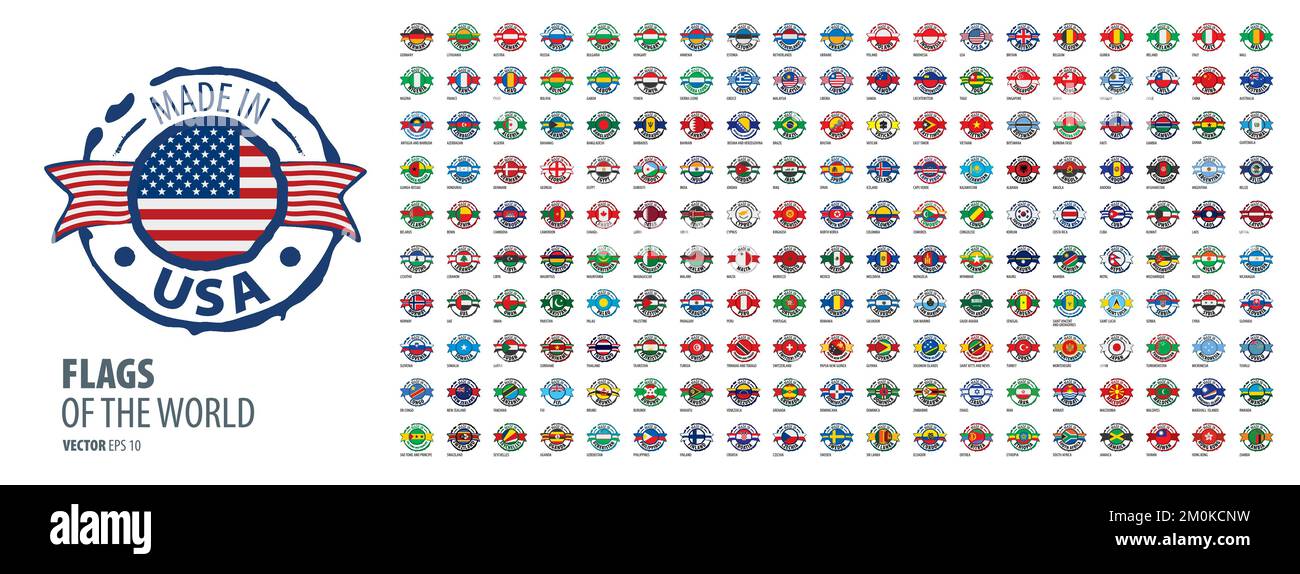 A set of vector icons with flags of countries and with the inscription ...