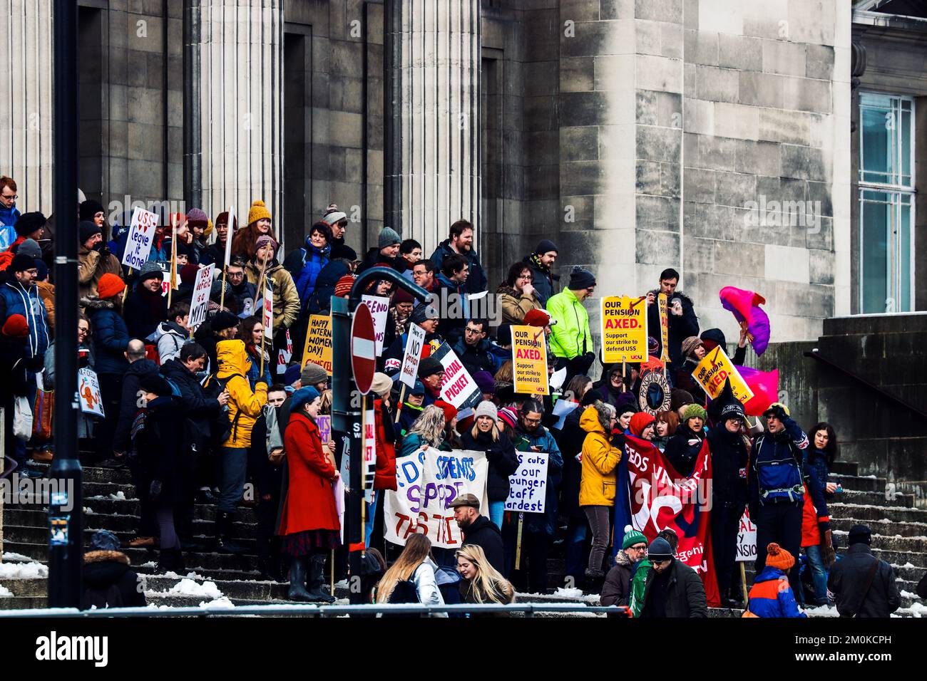 A group of students on the steps of their university in Leeds, England ...