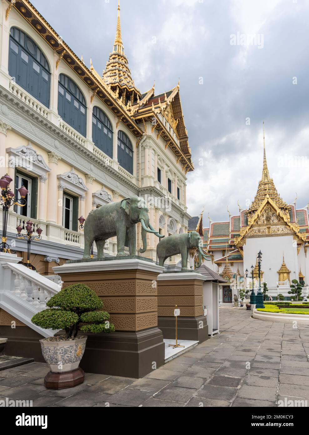 Two elephant statues on the staircase at the Grand Palace Complex in ...