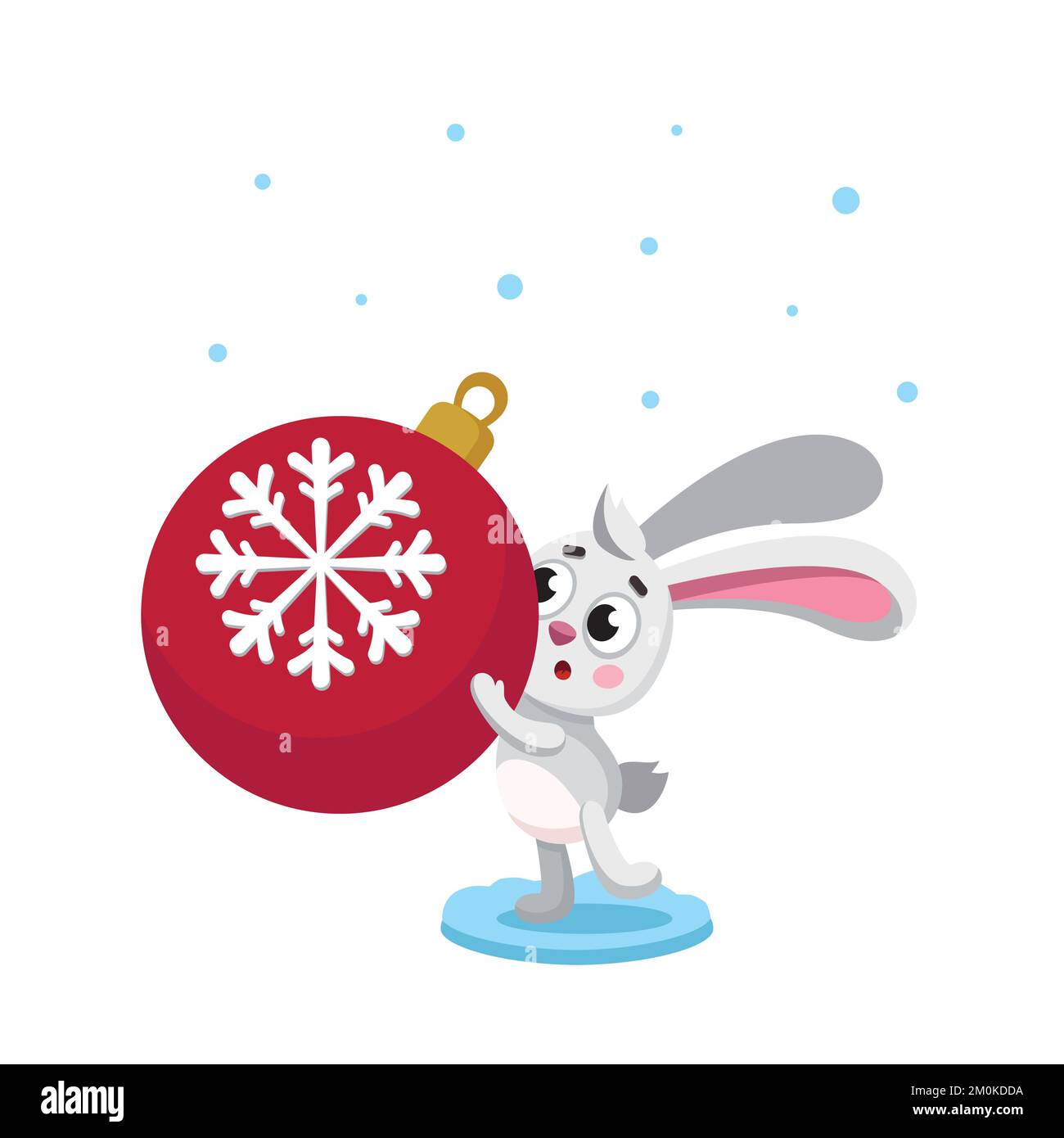 Year of rabbit zodiac. Hare holds Christmas toy red ball with a ...