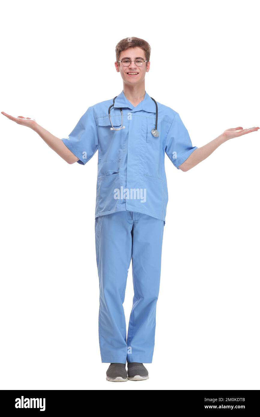 Full length portrait of a male doctor standing with hand in pocket ...