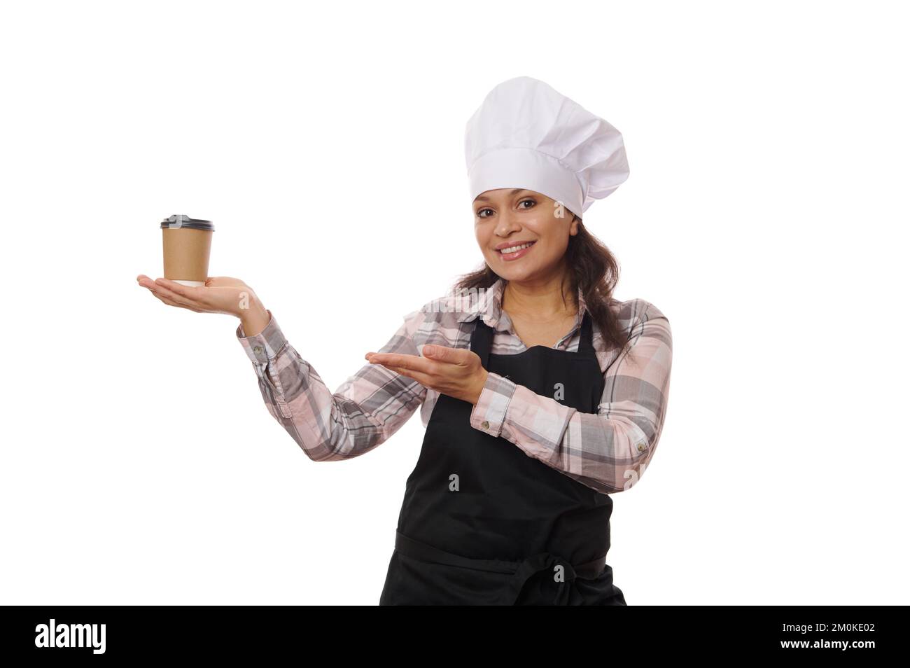 Pretty woman bartender barista waitress in white chef's hat and black ...