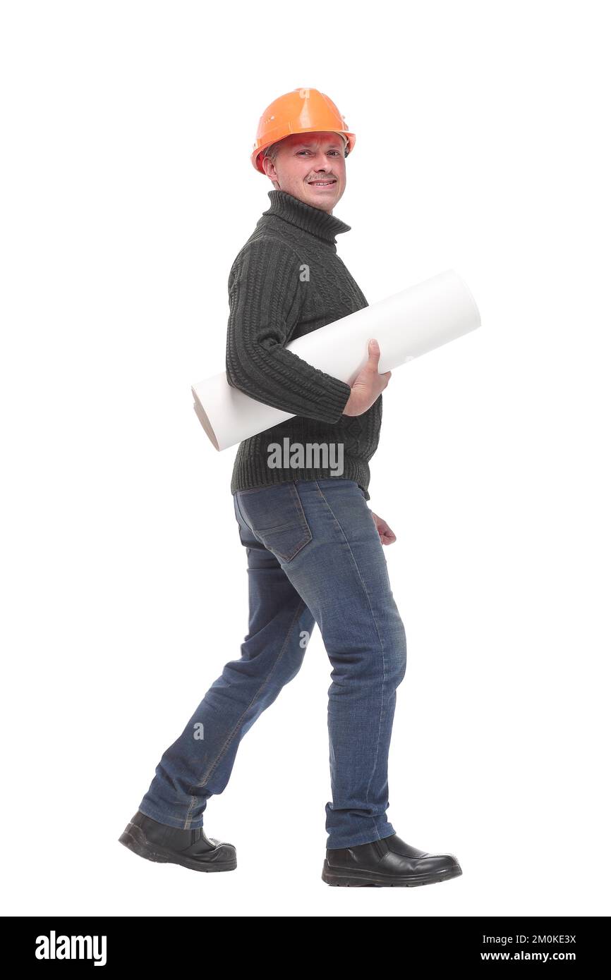 Side view of architect man in orange color hardhat holding blueprints ...