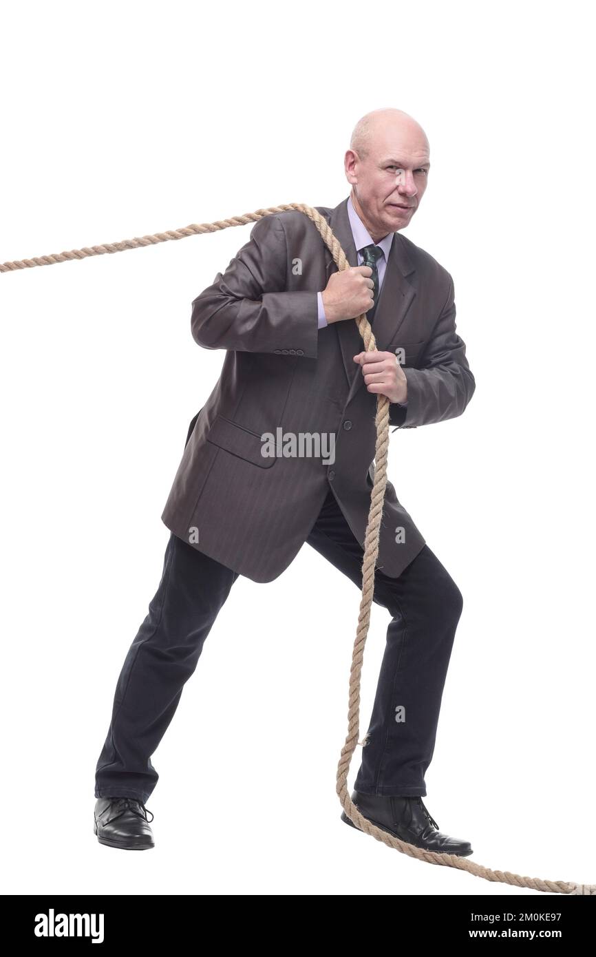 business man pulls a rope. isolated on a white Stock Photo - Alamy