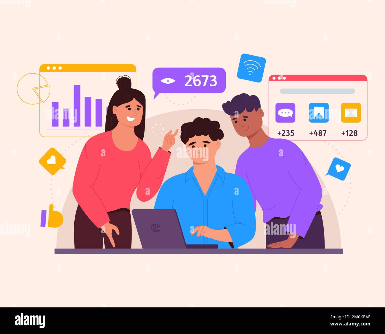 Social media marketing concept with man with laptop and his team and ...