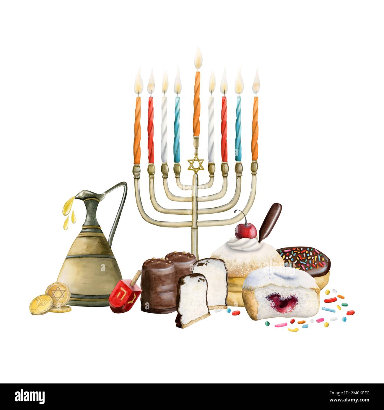 Hanukkah greeting card template composition with holiday symbols ...
