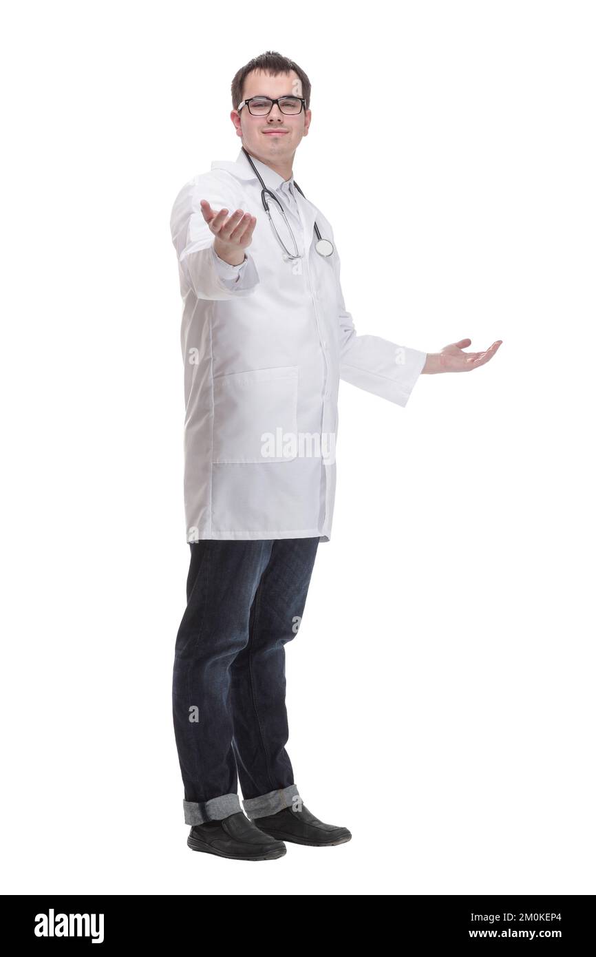 Side view full length confident male medical doctor in uniform looking ...
