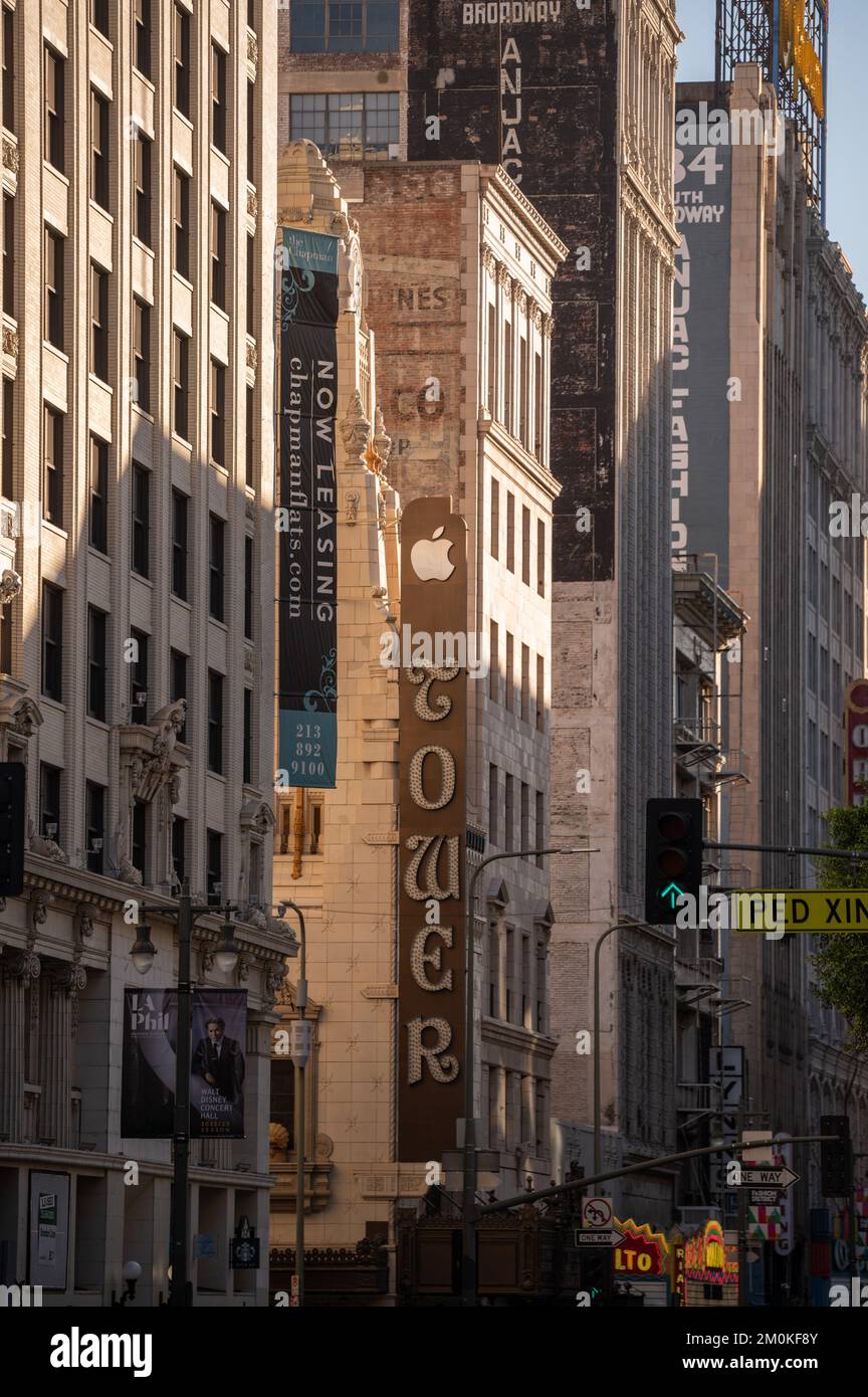 A low angle of the Apple Tower Theatre on the street in downtown Los ...