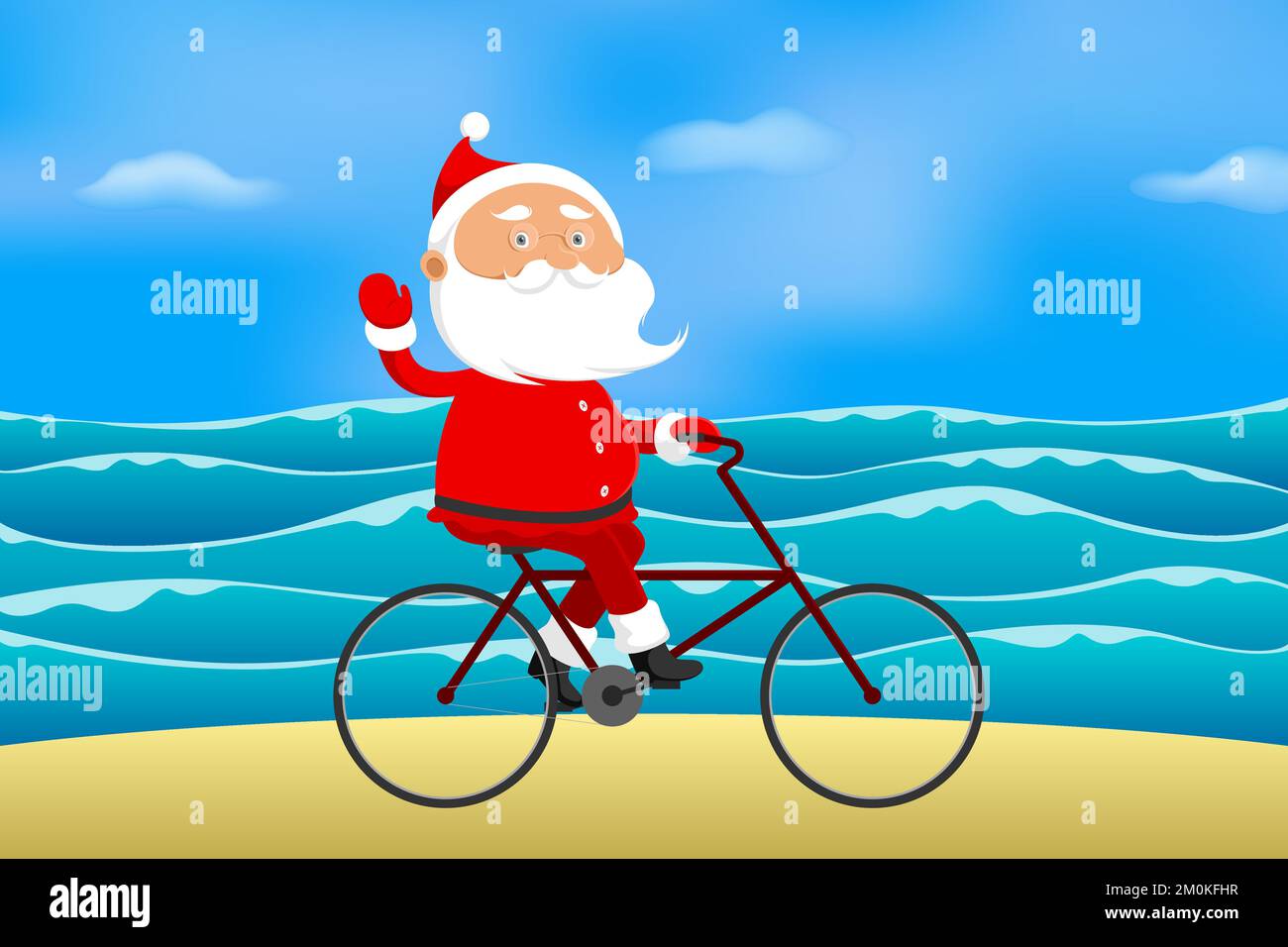 Santa Claus cycling along sea coast. Vector illustration Stock Vector ...