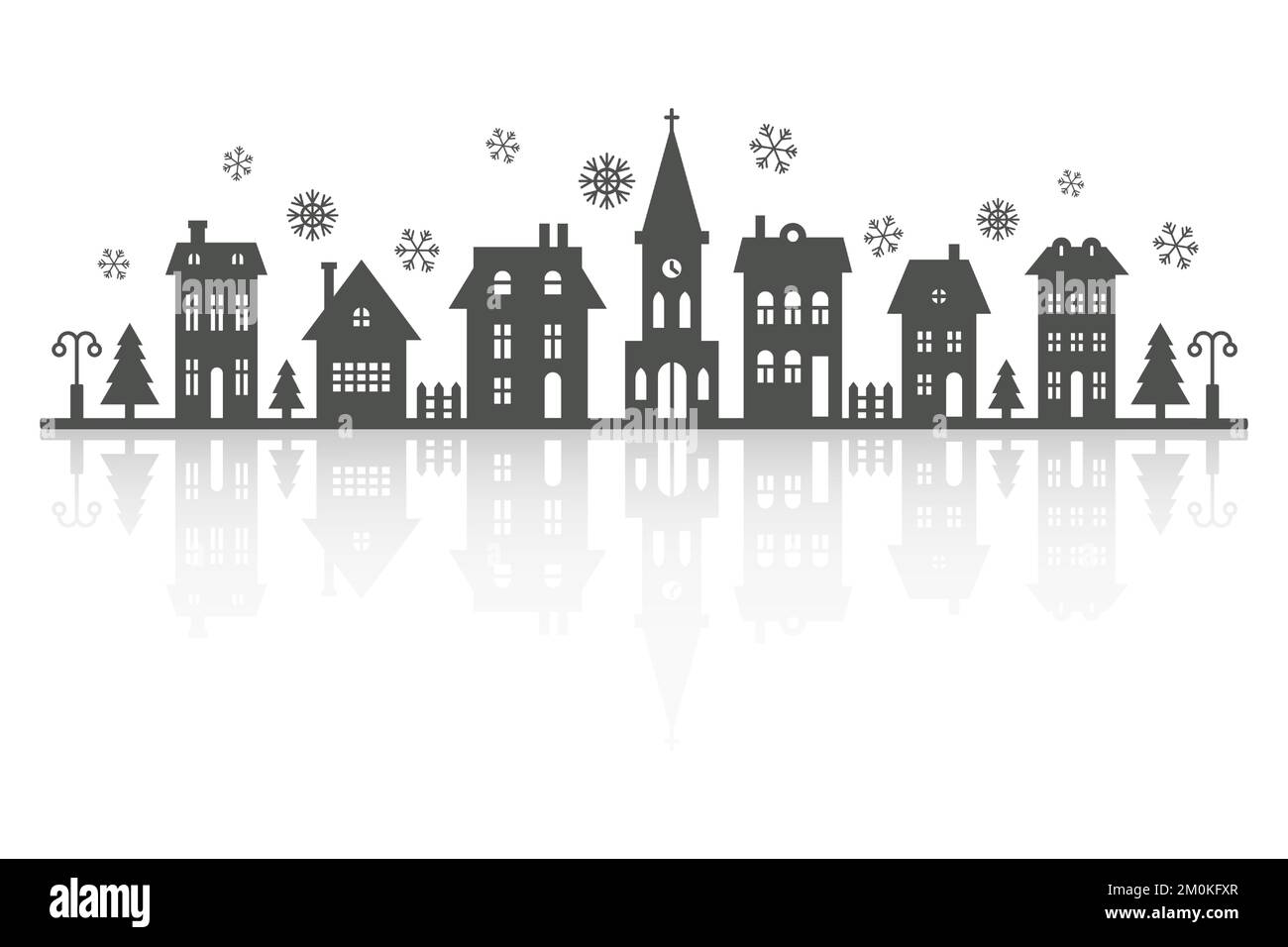 Suburban neighborhood winter landscape. Silhouette of houses and church ...