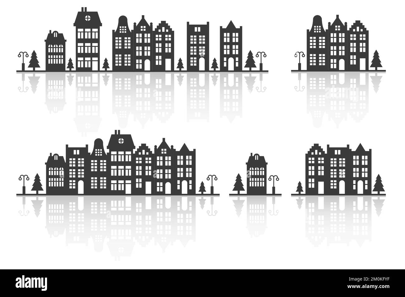 Silhouette of a row Amsterdam style houses. Facades of European old ...
