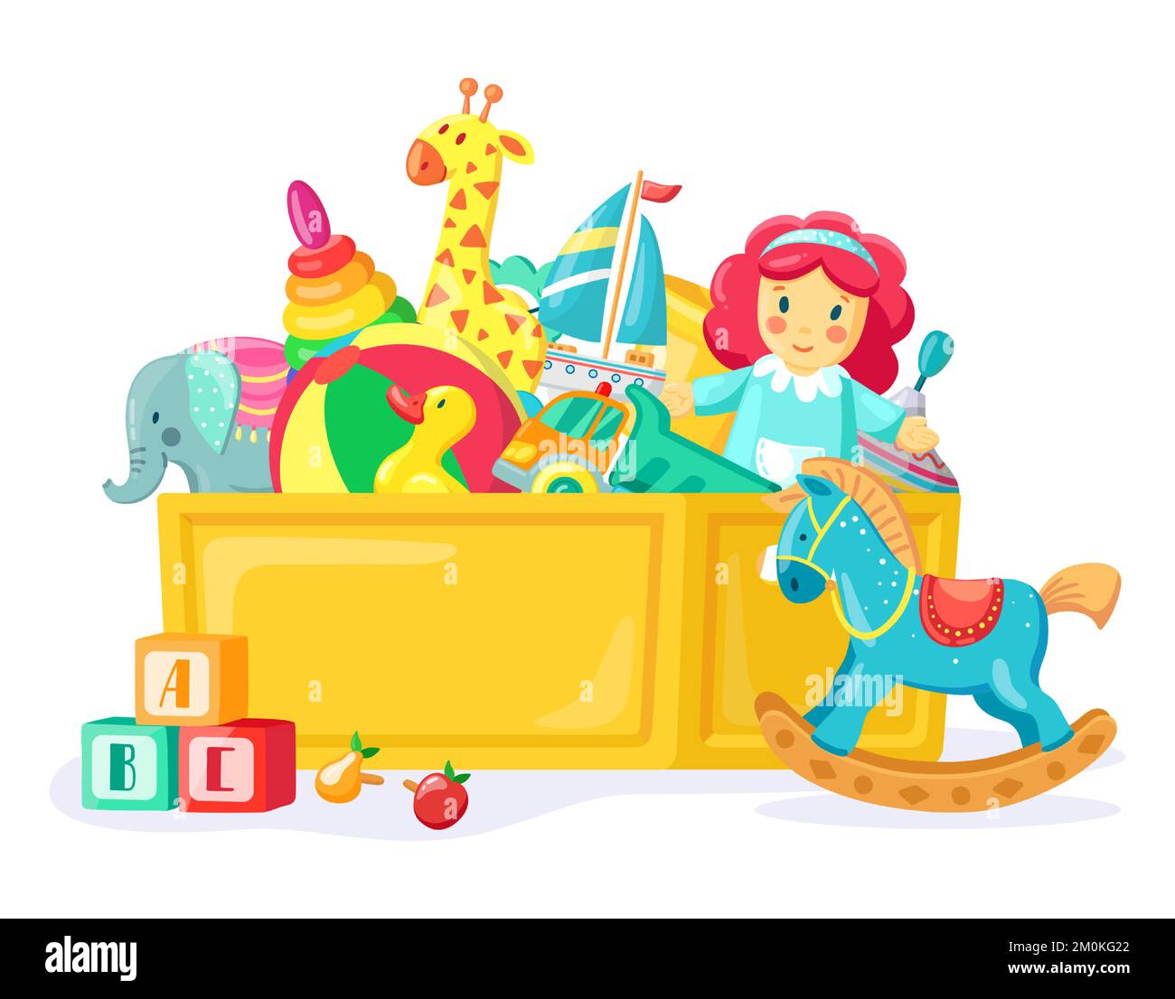 Baby toys in box. Colorful inventory for kids games and entertainment ...