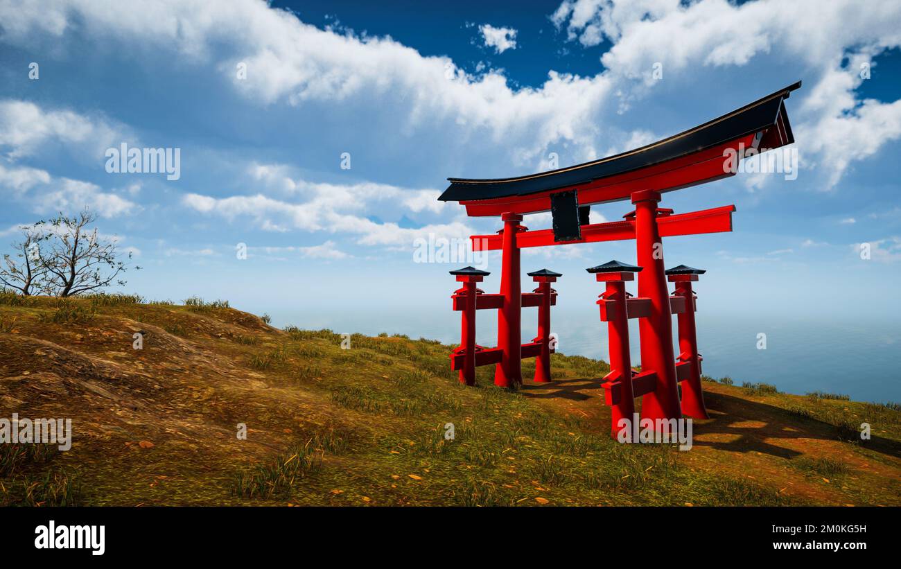 3D rendering. Japanese traditional gate Torii, symbol of Shintoism ...
