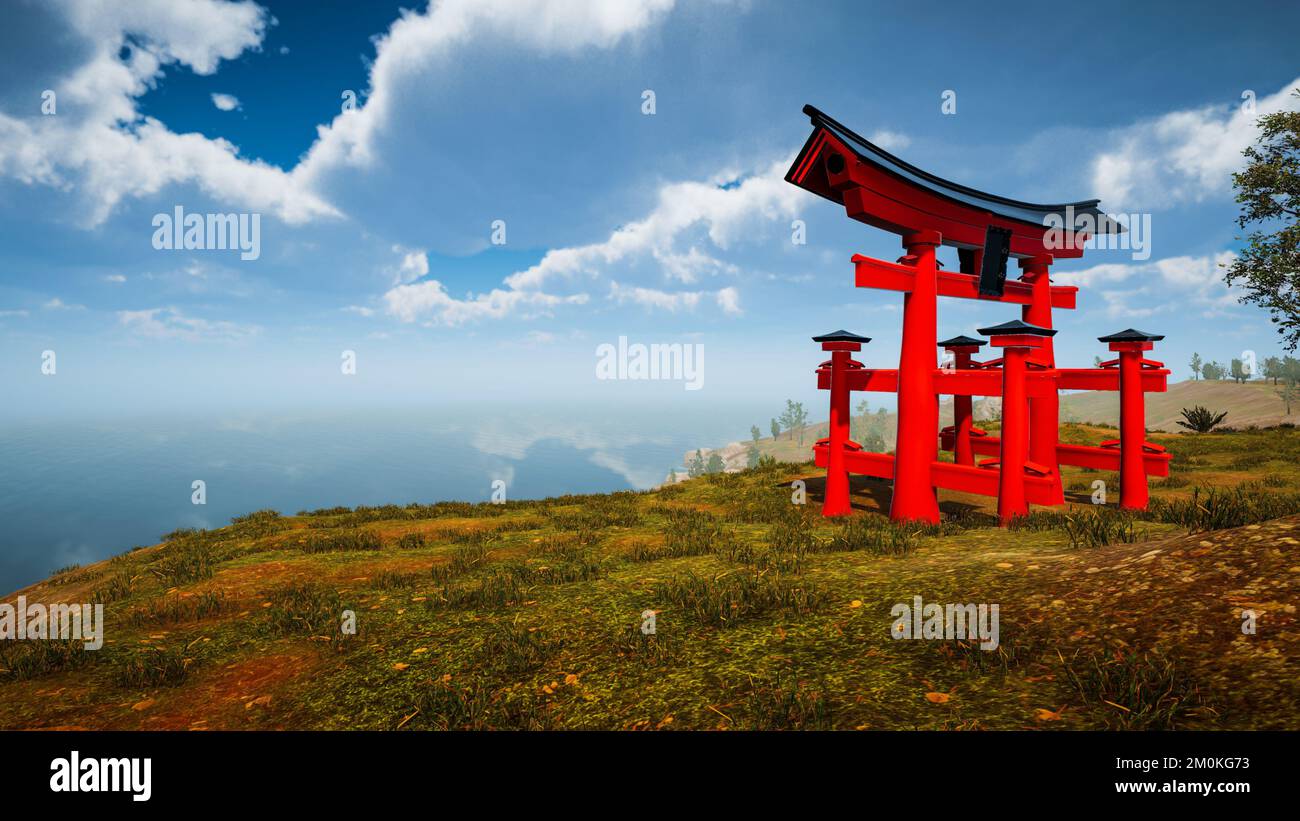 3D rendering. Japanese traditional gate Torii, symbol of Shintoism ...