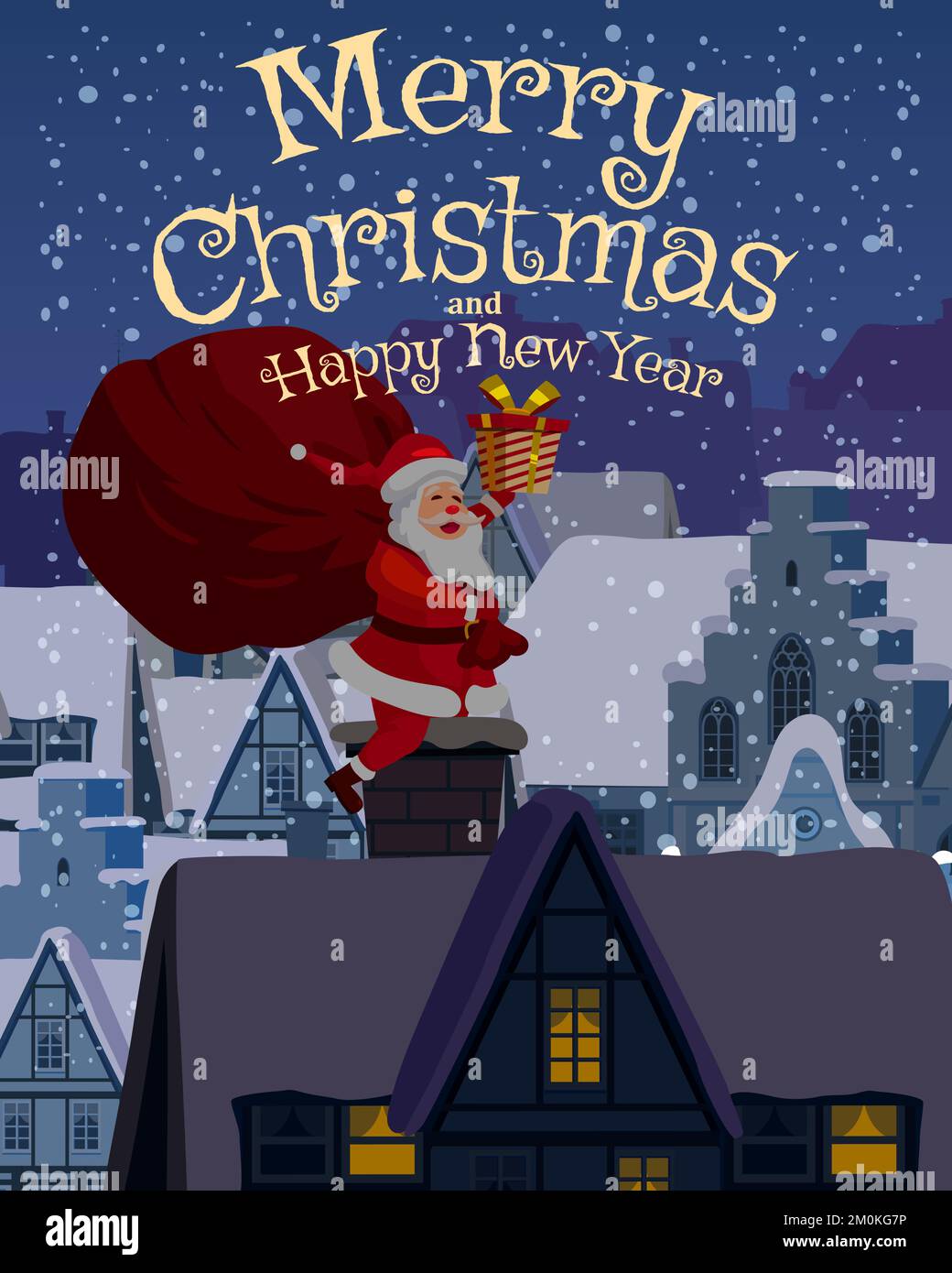 Santa Claus on the roof delivering gifts by chimney. Merry Christmas ...