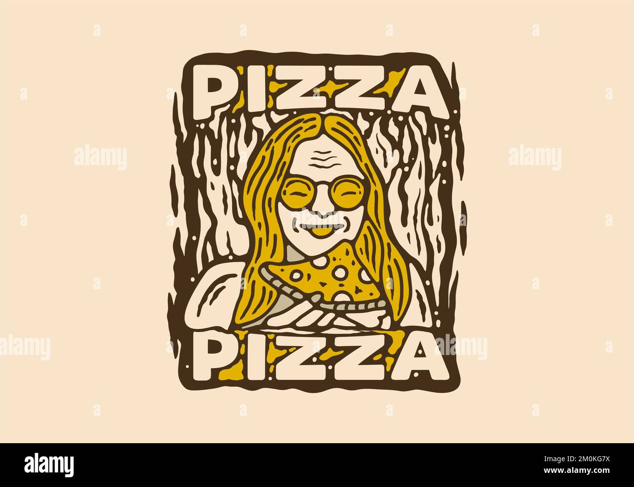 Vintage art illustration drawing of Woman eating pizza Stock Vector ...