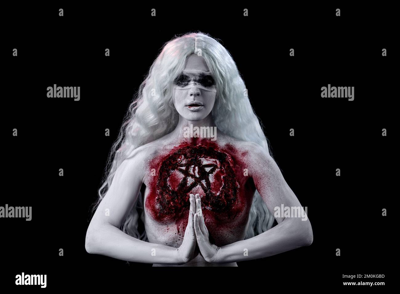 A woman in a white wig with an anarchy carved into her chest. Halloween ...