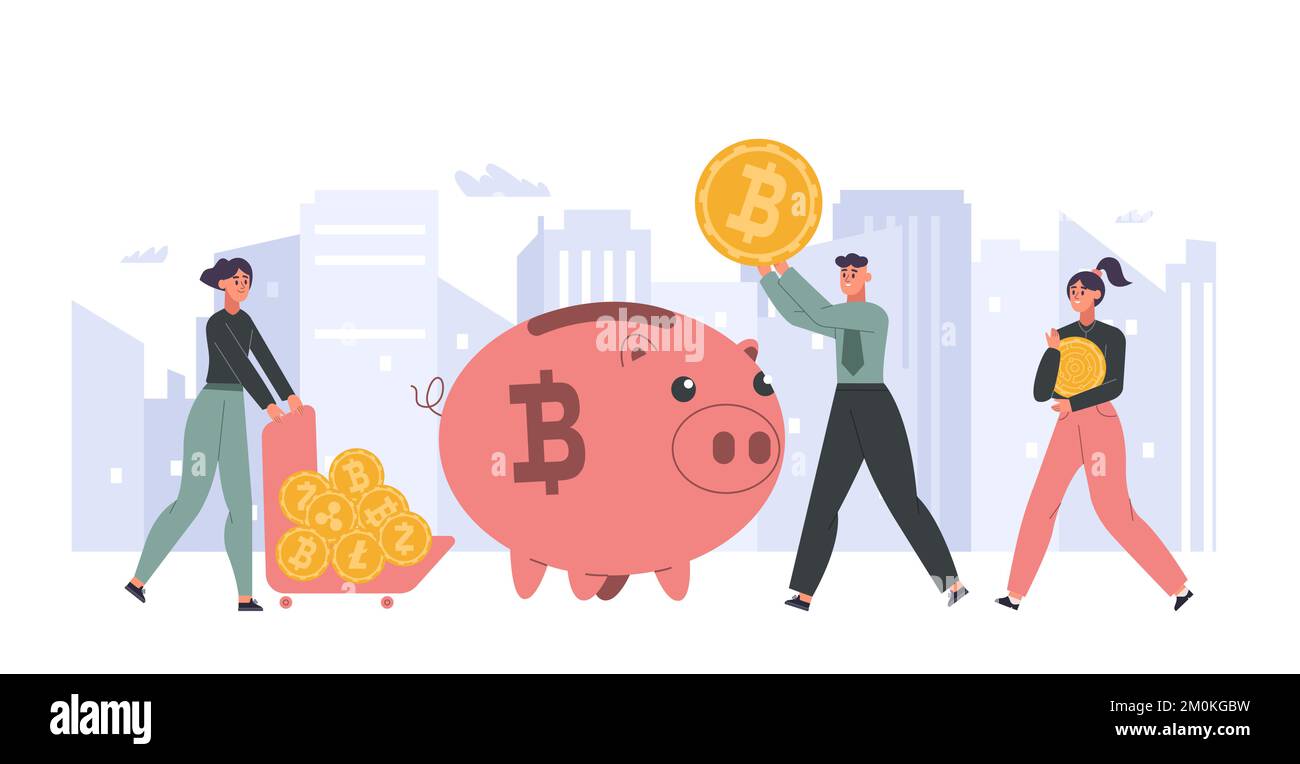 Cryptocurrency concept. People putting gold bitcoins into piggy bank ...