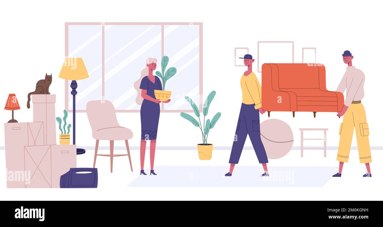 Moving out people. Woman relocating, male characters carrying sofa ...