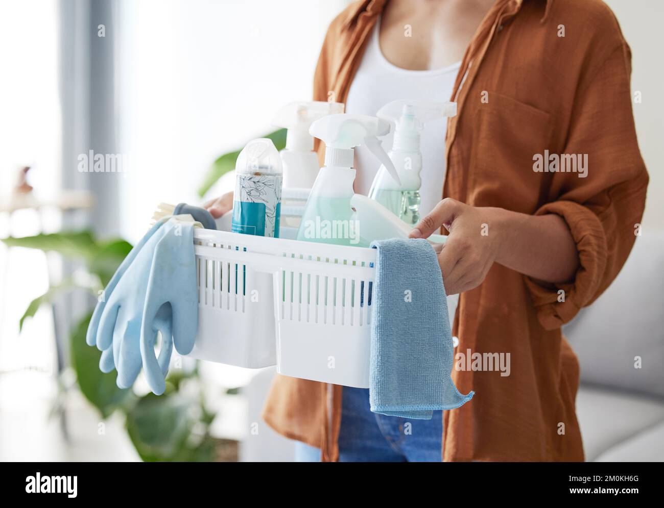 Woman hand and basket with detergent bottle, cleaning and product ...