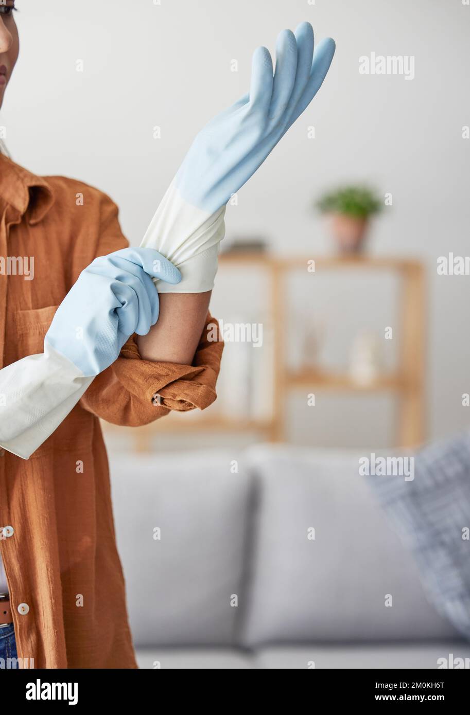 Woman hands, cleaner with gloves and cleaning, hygiene and safety ...
