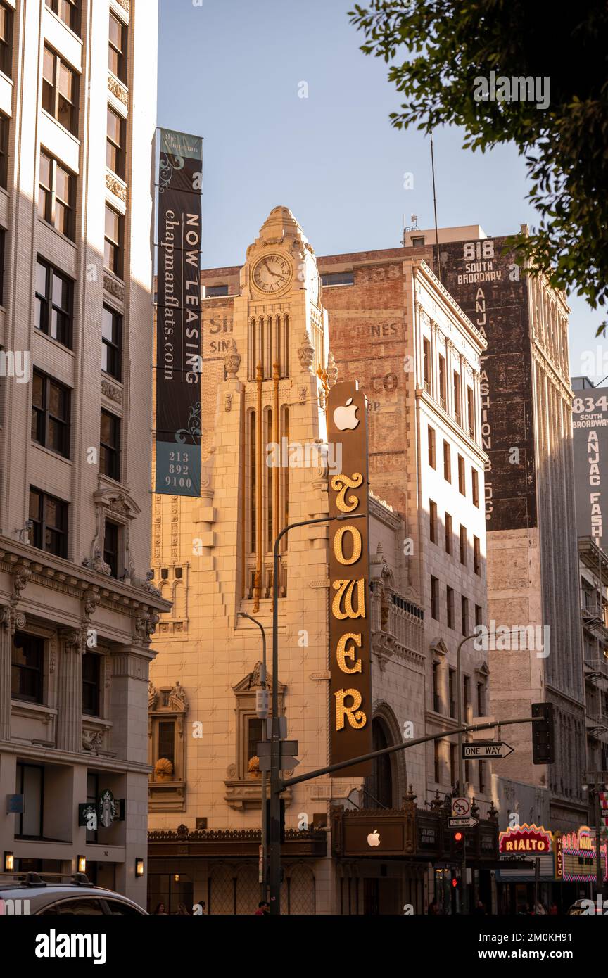 A vertical shot of the Tower Theater in downtown Los Angeles with a ...