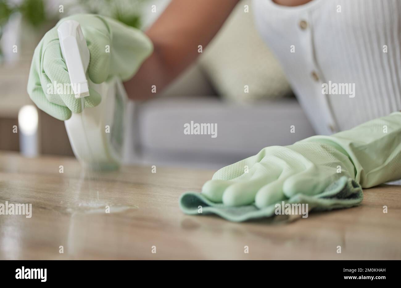 Woman, spray bottle and sanitizer cleaning with a cleaner wiping a ...