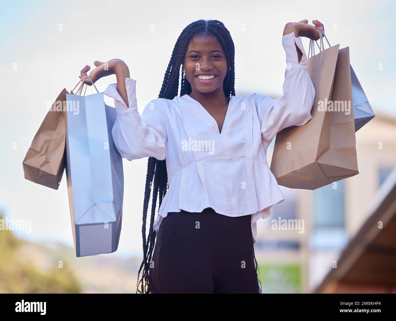 Black woman, retail and shopping portrait in city with excited smile ...