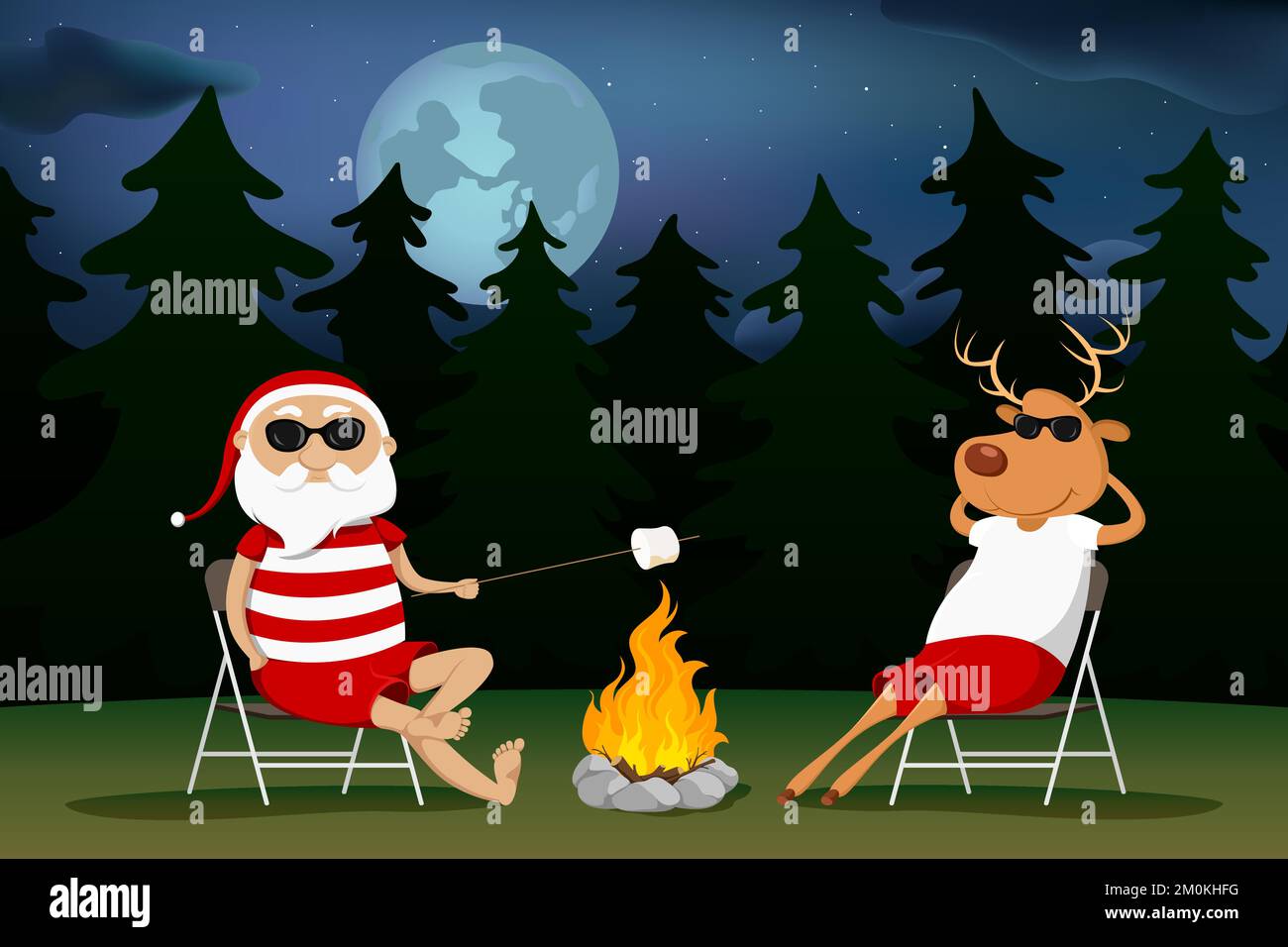 Santa Claus and reindeer roasting marshmallows on fire. Vector ...