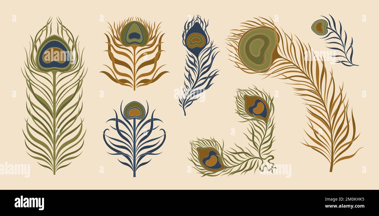Peacock feather vintage style set. Art deco, nouveau 1920-1930 design ...