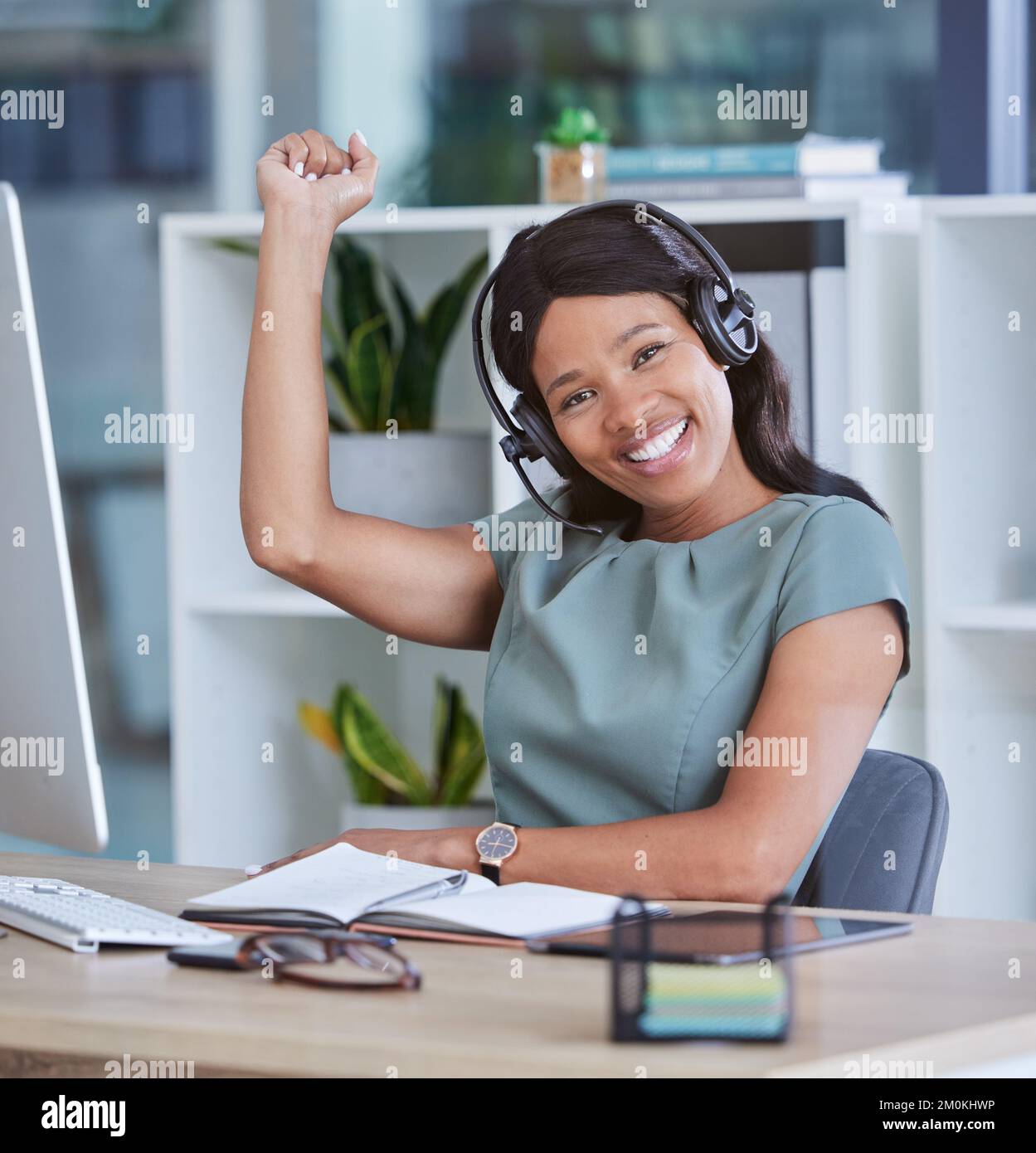 Call center, success fist and woman with sales target, profit and ...