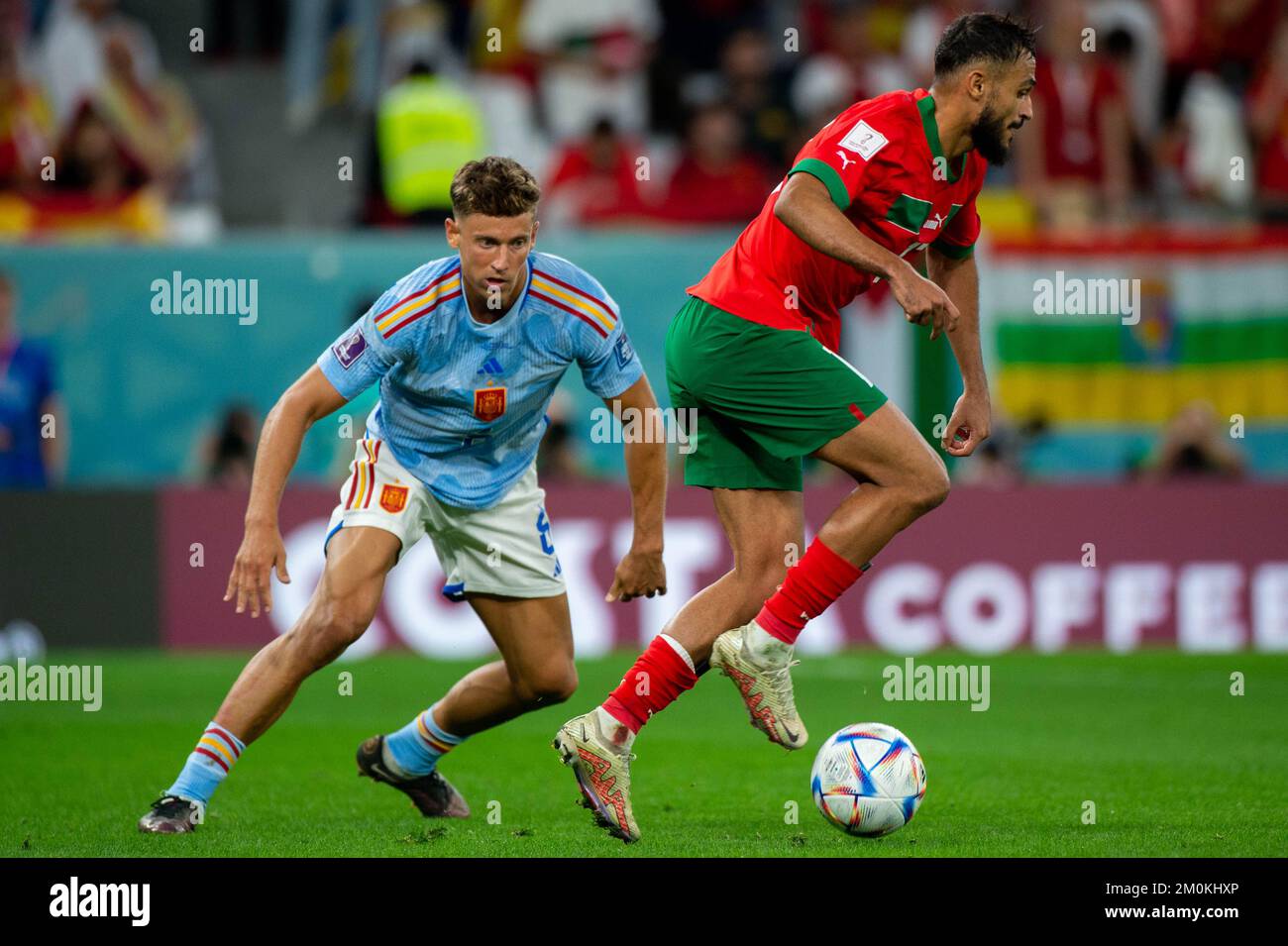 Sofiane Boufal of Morocco and Marcos LLORENTE of Spain during the FIFA ...