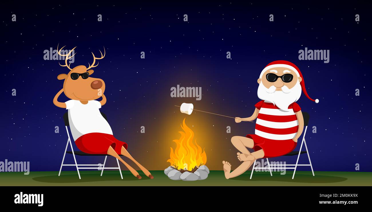 Santa and reindeer roasting marshmallows on bonfire. Vector ...