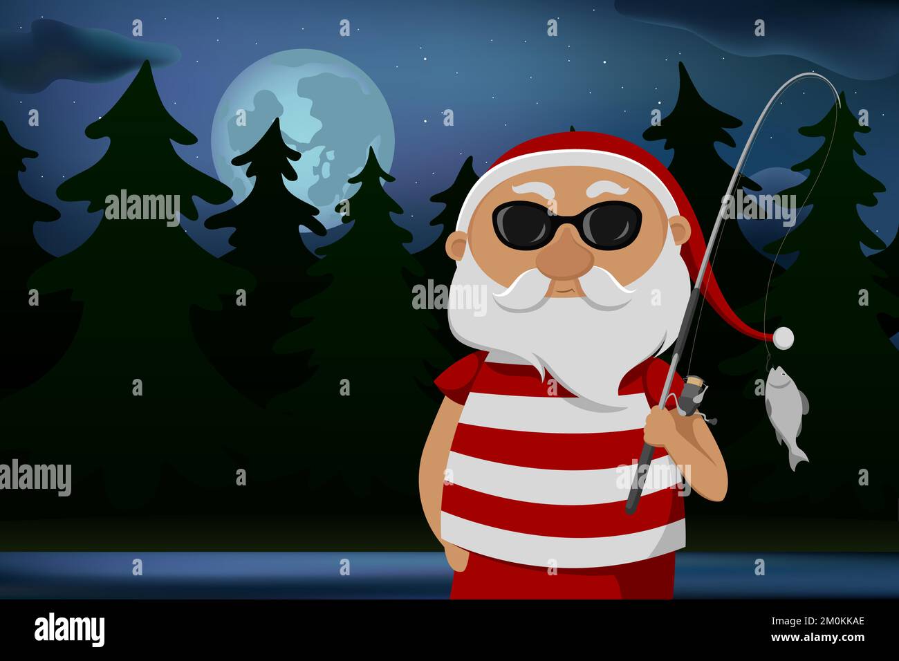 Santa caught fish. Night fishing. Vector illustration Stock Vector ...