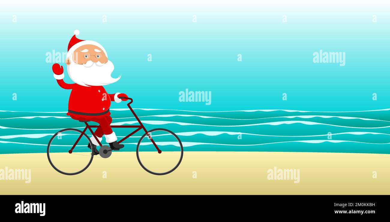 Santa Claus riding bicycle along sea coast. Vector illustration Stock ...