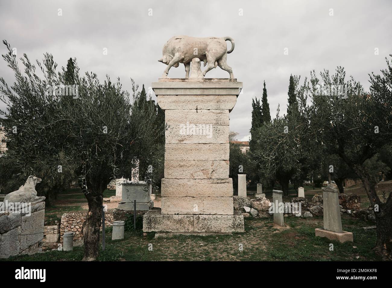 Statue of a bull at the Street of Tombs in Archaeological site of ...