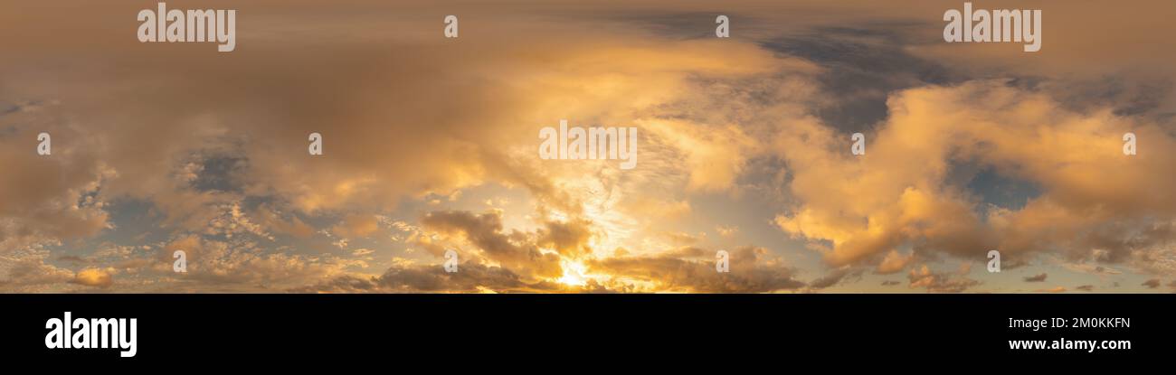 Golden glowing red orange overcast sunset sky panorama. Hdr seamless ...