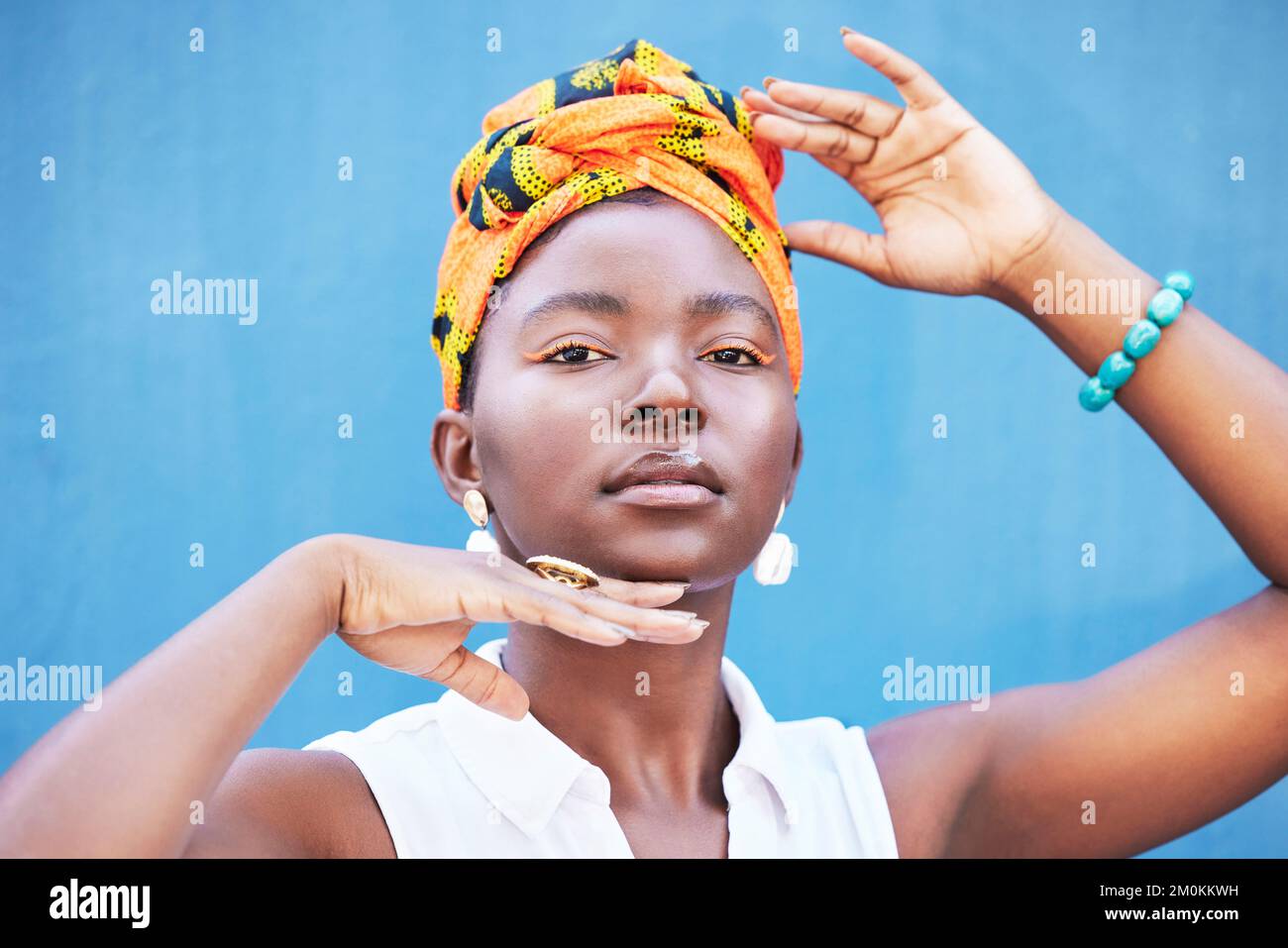 Fashion, Africa and portrait of black woman on blue background with ...