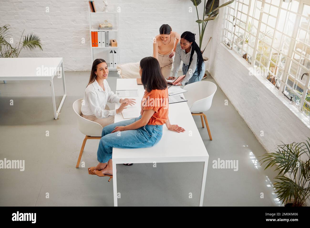 Diverse group of business women from above discussing plans while ...