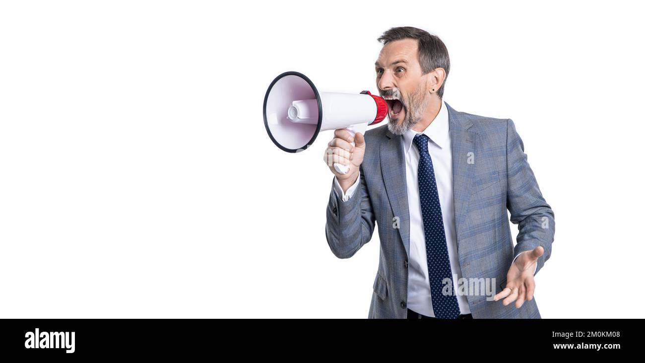 business man yell in megaphone isolated on white background with copy ...