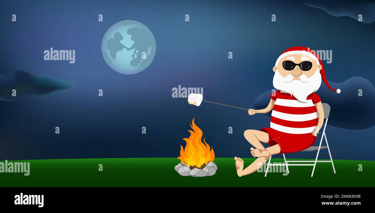 Santa roasting marshmallows on bonfire. Vector illustration Stock ...