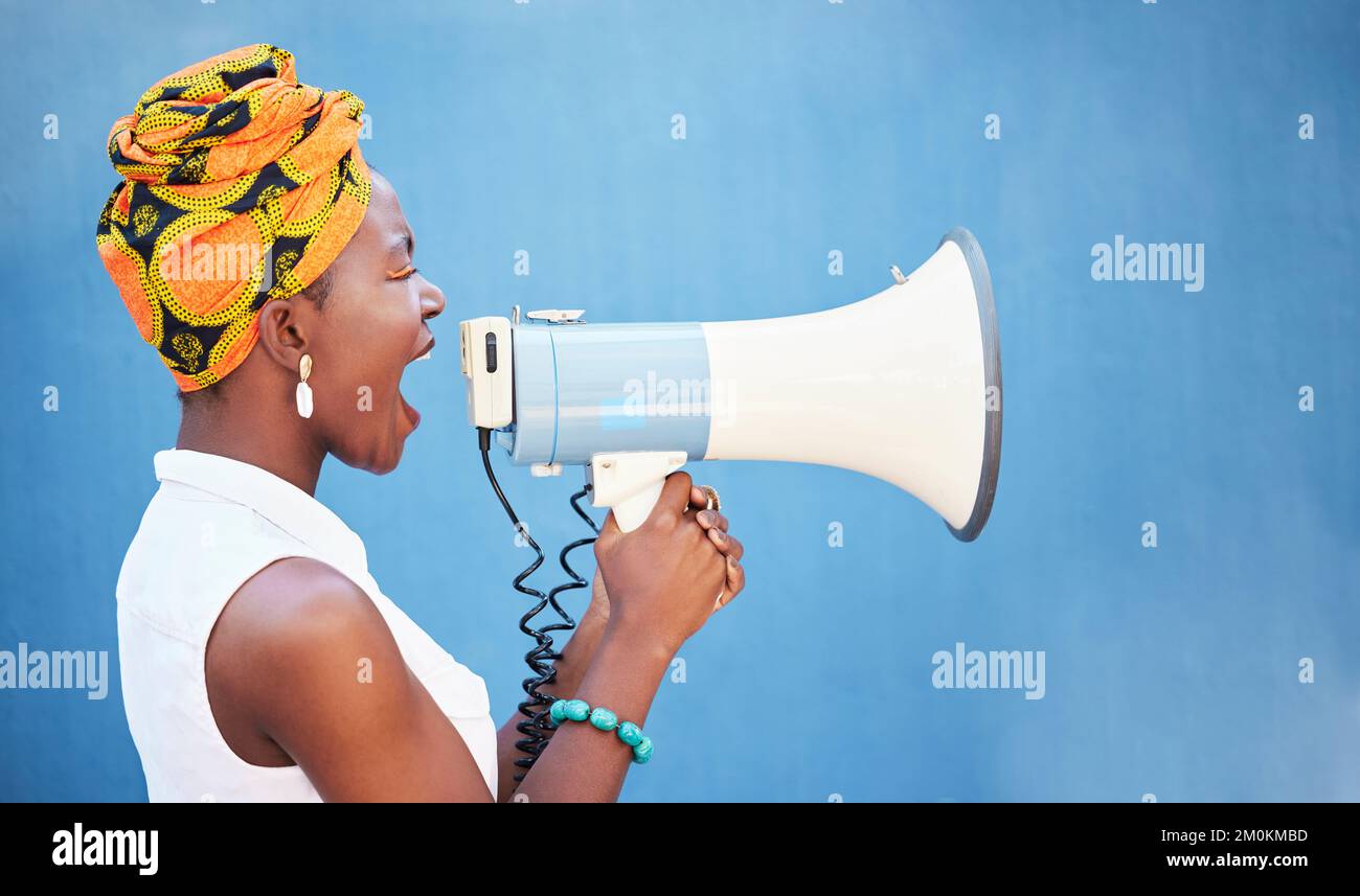 Black woman, megaphone and free space for freedom of speech, justice ...