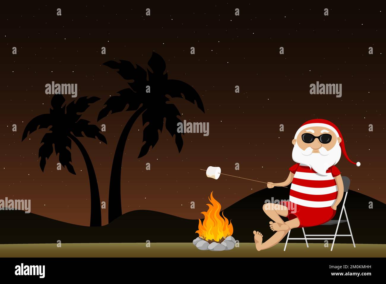 Santa cooking marshmallows on bonfire. Vector illustration Stock Vector ...